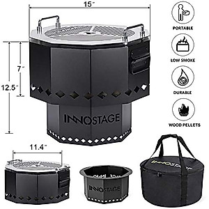 Patented Bonfire Fire Pit with Stainless Barbecue Grill and Portable Carrying Storage Bag, Smoke-Free Firepit Bowl for Wood Pellet with Stand for Outdoor Campfire Flame or BBQ on Patio Garden Backyard