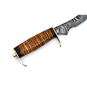 Skokie Knives Custom Hand Made Damascus Steel Hunting Knife Handle Stacked Leather With Double Brass Double Clip