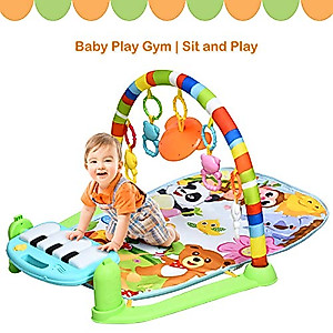 BABY JOY Baby Play Mat, Kick and Play Gym with Detachable Piano, Foot Gym Carpet Piano Fitness Rack, 4 Rattle Pendants and 1 Mirror, Ideal for Baby Room (Rainbow)