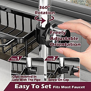 LACEEZEN Kitchen Sink Faucet Organizer with Drain Tray & Towel Rack, Rustproof Sponge Holder for Kitchen Sink, Sink Caddy Holder for Scrub Daddy, Scrubbers, Soap - For dia 0.78-1.14in Round Pipe, Left