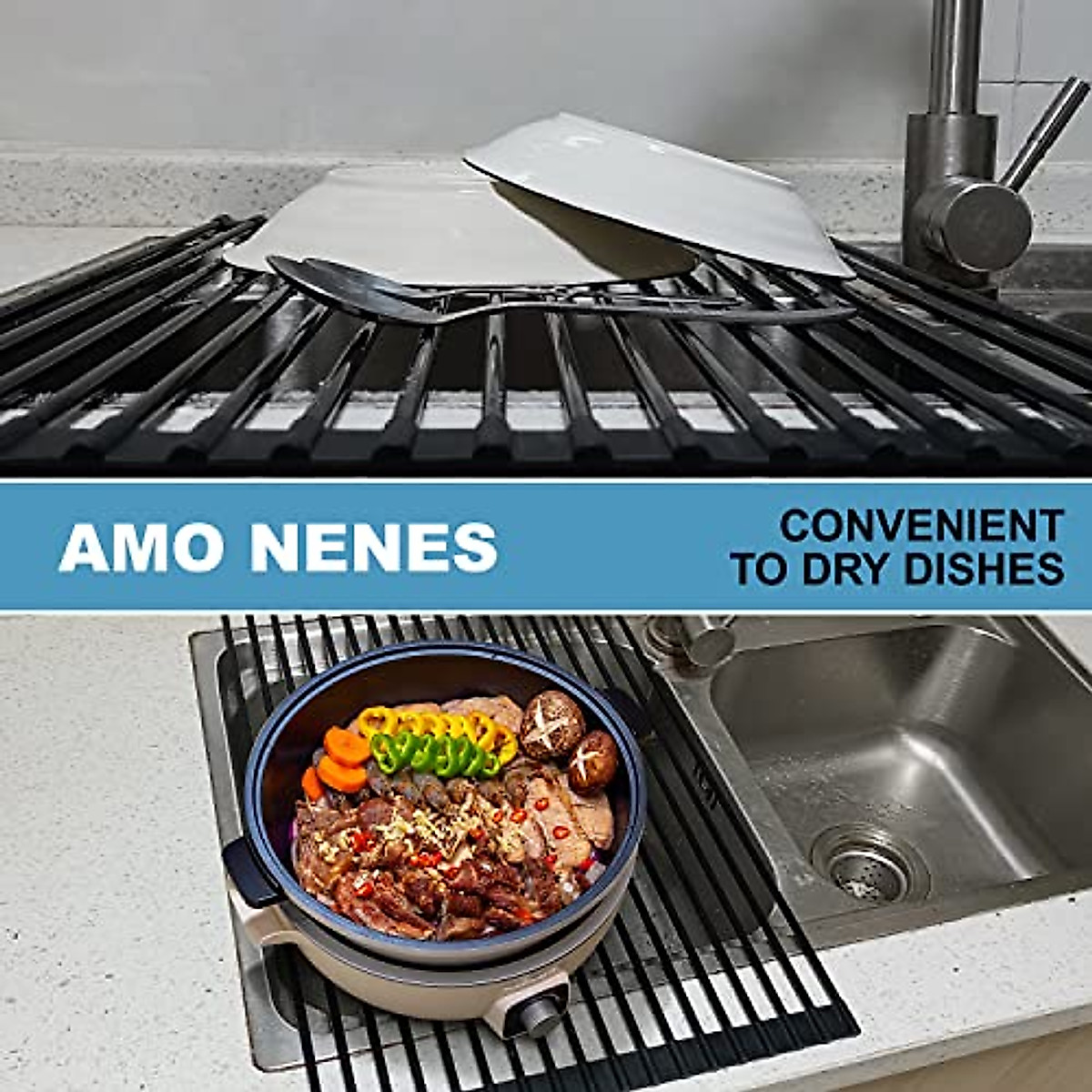 amo nenes Roll-up Dish Drying Rack, Over The Sink Kitchen Rolling Sink Rack, Multipurpose Dry Rack Dish Drainer, Stainless Steel Foldable Dish Drying Rack for Sink Counter(17.4" x 13.1")