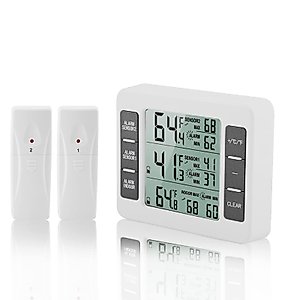 Digital Refrigerater Therometer, Wireless Digital Audible Alarm Fridge Freezer Thermometer with 2PCS Sensor Min/Max Display.