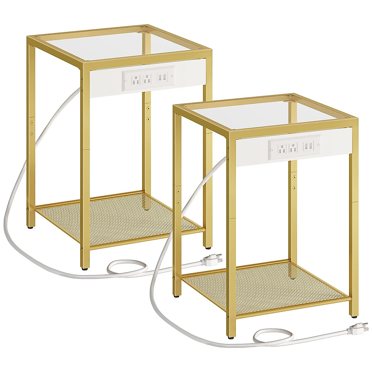 HOOBRO Side Table with Charging Station, Set of 2 End Tables with USB Ports, Nightstand for Tight Spaces, Tempered Glass, Modern Metal Frame, for Office, Bedroom, Living Room, Gold GD76UBZP201