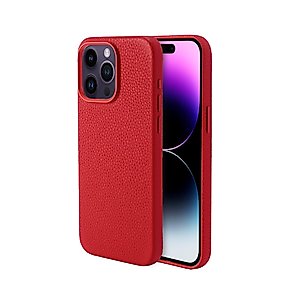 Zoof Genuine Leather Case for iPhone 15 Pro Max (6.7 inch) Top Litchi Grain Leather Magnetic Phone Case- Compatible with Magsafe - Red