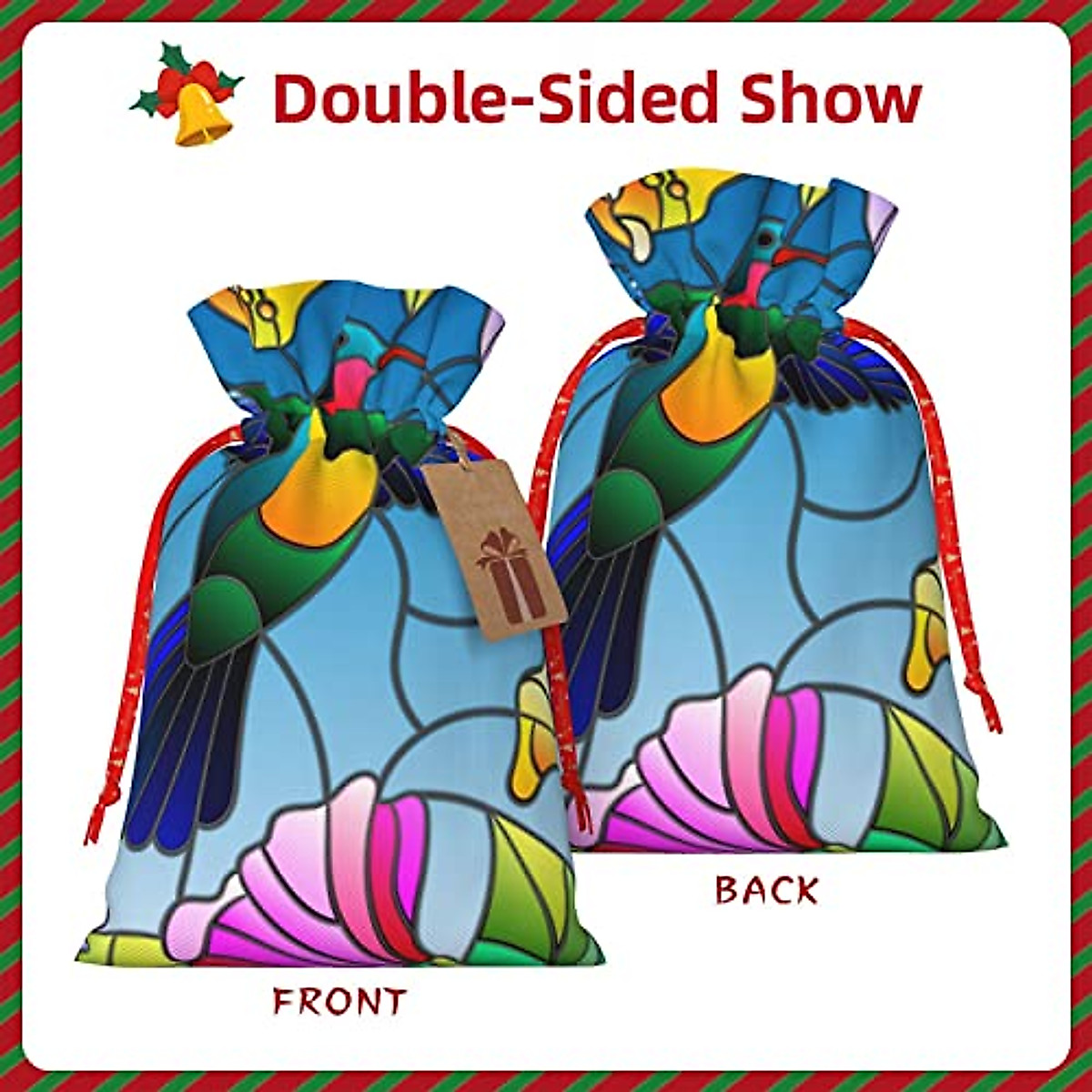 Drawstrings Christmas Gift Bags Colorful-Bird-Floral-Flower Presents Wrapping Bags Xmas Gift Wrapping Sacks Pouches Medium