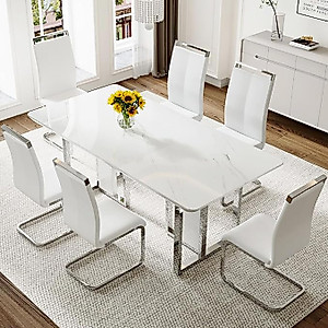 Dining Table Set for 6,White Glossy Kitchen Table and Chairs,67" Marble Decals Kitchen Table Set 6 with PU Leather Dining Chairs,1.57" Thick MDF Wood Board Top with Chrome Plate Sliver Metal Base