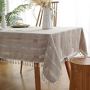Gernaice Rustic Stripe Embroidered Tablecloth Heavy Rectangle Tassel Cotton Linen Table Cloth Wrinkle Free Washable Table Cover for Kitchen Dinning Party Holiday Brown 55x86 Inch