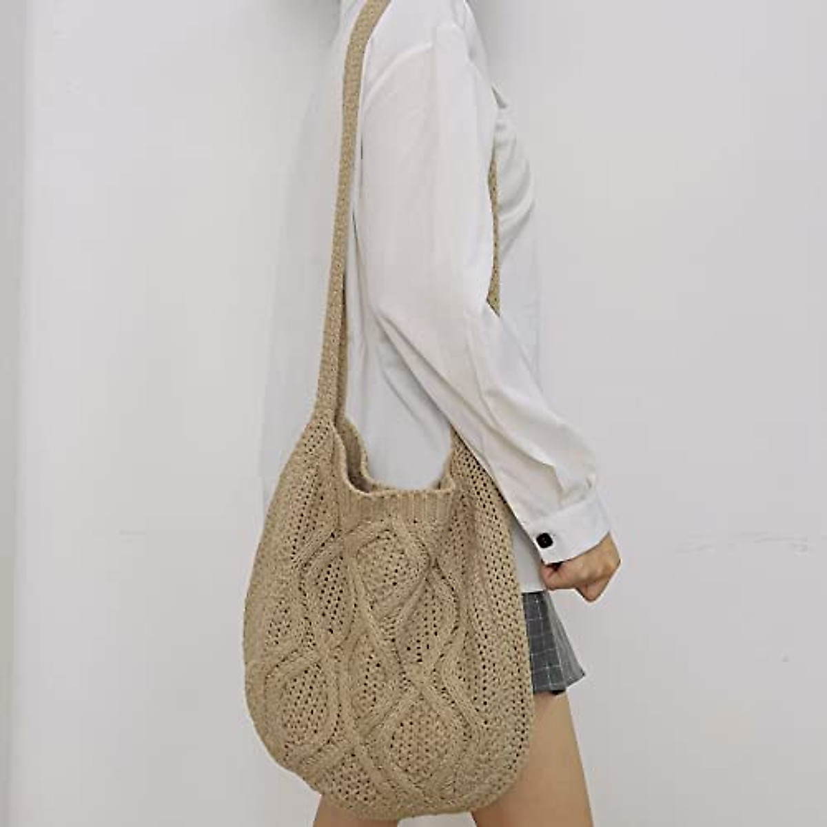 Women's Shoulder Handbags Y2K Fairy Grunge Crochet Tote Bag Aesthetic Hippie Crossbody Bag Alt Purse Accessories (Beige)