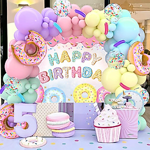 Donut Birthday Party Decorations,140Pcs Sweet One Balloon Garland Arch Kit and Happy Birthday Backdrop,Pastel Confetti Donut Foil Balloons for Donut Grow Up Baby Shower Decor Two Sweet Party Supplies