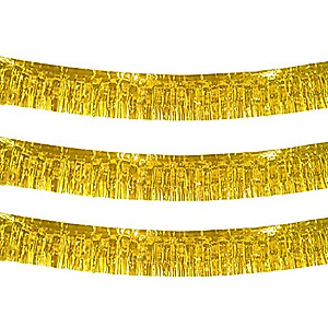 Blukey 10 Feet Long Roll Foil Fringe Garland - Pack of 3 | Shiny Metallic Tassle Banner | Ideal for Parade Floats, Bridal Shower, Wedding, Birthday | Wall Hanging Fringe Garland Banner (Gold)