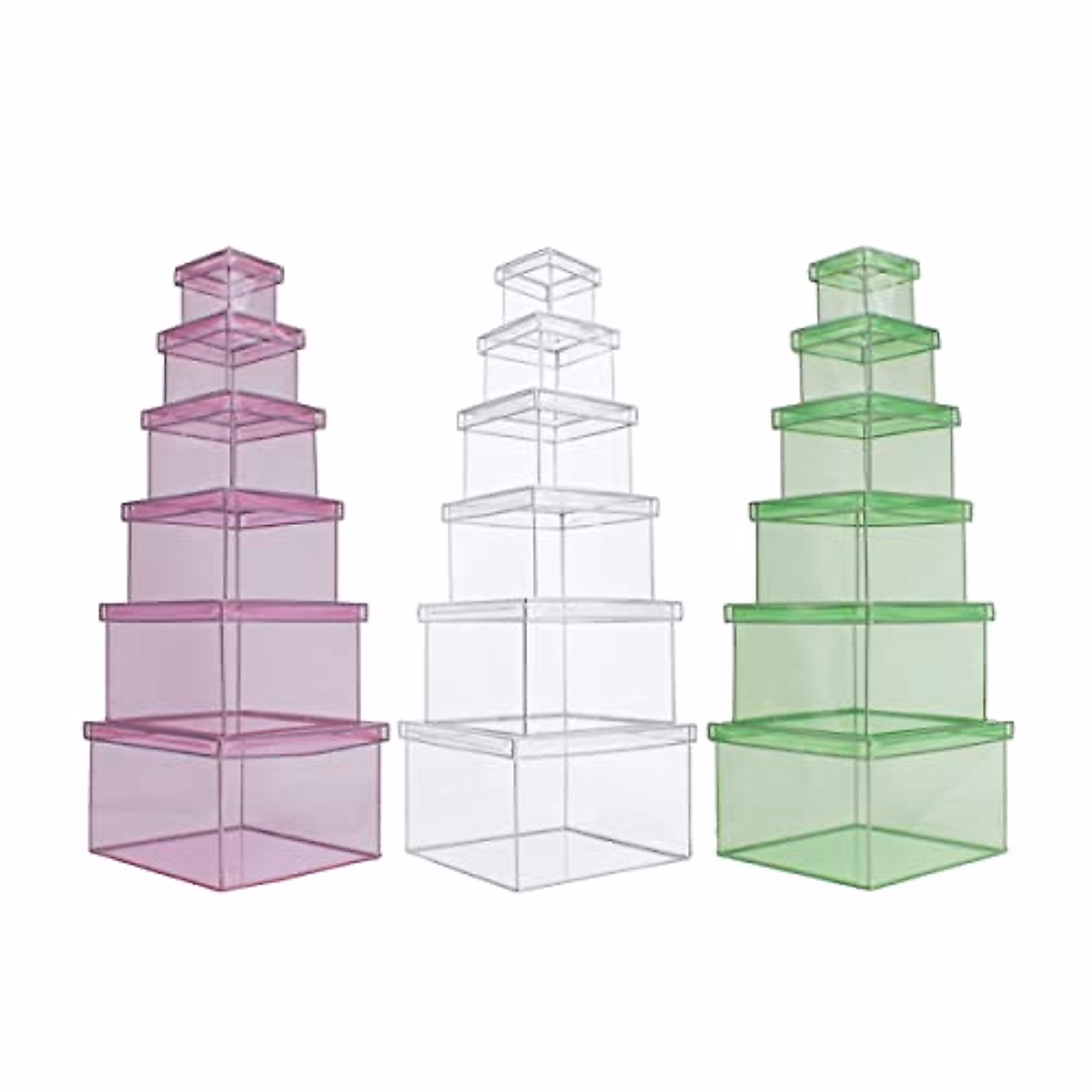 Stackable Pink Clear Cube Organizer, Set of 6 Transparent Box with Lids Assorted Sizes, Nesting Storage