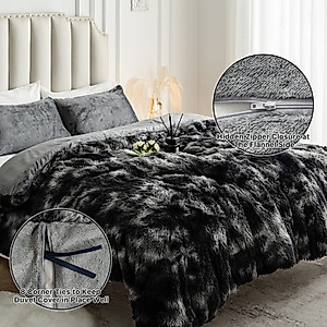 CHOSHOME Plush Shaggy Duvet Cover Queen Size, 3 PCS Fluffy Comforter Fuzzy Flannel Bedding Sets(1 Faux Fur Duvet Cover + 2 Pillowcases), Zipper Closure & 8 Corner Ties, Tie-Dye Dark Grey