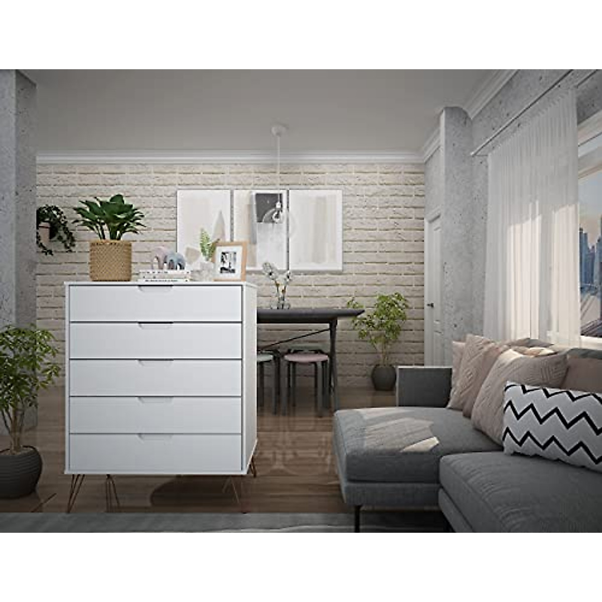 Manhattan Comfort Rockefeller Mid Century Modern 5-Drawer Tall Dresser, White