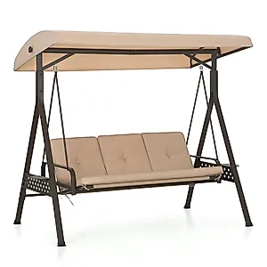 PHI VILLA 3-Seat Porch Swing with Adjustable Canopy,Outdoor Swing Chair with Cup Holders and Removable Cushion,Patio Swing Chair/Bench for Porch, Garden, Poolside, Balcony&Backyard,Beige