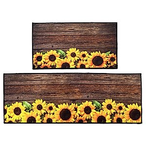 LUOWAN Fall Sunflower Farmhouse 2 Piece Kitchen Mat Set, Non-Slip Anti-Fatigue Wooden Grain Standing Mats, Retro Thanksgiving Comfort Throw Rug for Kitchen Laundry Office, 17"x29"+17"x47"