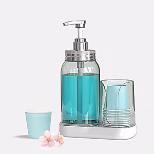 WhiteRhino 25oz Mouthwash Pump Dispenser, Mouthwash Container with Cup Holder, Refillable Round Bottles, Mouthwash Decanter with 8 Piece 4oz Paper Cup, for Bathroom, Countertop, Cupboard(Clear Bule)