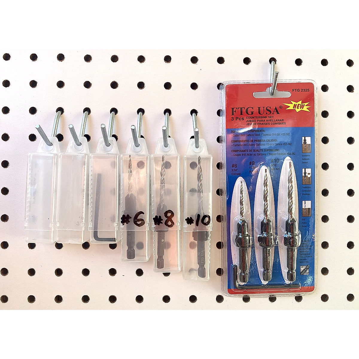 FTG USA Wood Countersink Drill Bit Set #6#8#10 Set Countersink HSS M2 Tapered Drill Bits, Quick Change 1/4 inch Hex Shank Countersink Bit, 1 Allen Wrench, and 6 Storage Containers for Countersinks