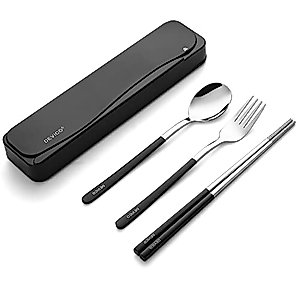 DEVICO Travel Utensils, 18/8 Stainless Steel 4pcs Cutlery Set Portable Camp Reusable Flatware Silverware, Include Fork Spoon Chopsticks with Case (black)
