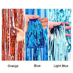 Blue and Orange Foil Fringe Curtains, Blue Orange Dog Birthday Party Supplies Blue Orange and Light Blue Streamer Backdrop Tinsel Photo Booth Prop for Blue Orange Dog Party Decoration (3Pack)