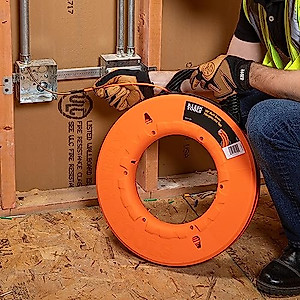 Klein Tools 56056 Electrical Fiberglass Fish Tape, Made in USA, 200-Foot x 3/16-Inch Wide Multi-Groove Fish Tape with Steel Leader