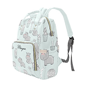 SunFancy Personalized Cactus and Hippos Diaper Backpack with Name Text Large Capacity Custom Multi-Function Bag Unisex Travel Backpack for Mom Dad Boy Girl, 10.83 in L x 6.69 in W x 15 in H, Option