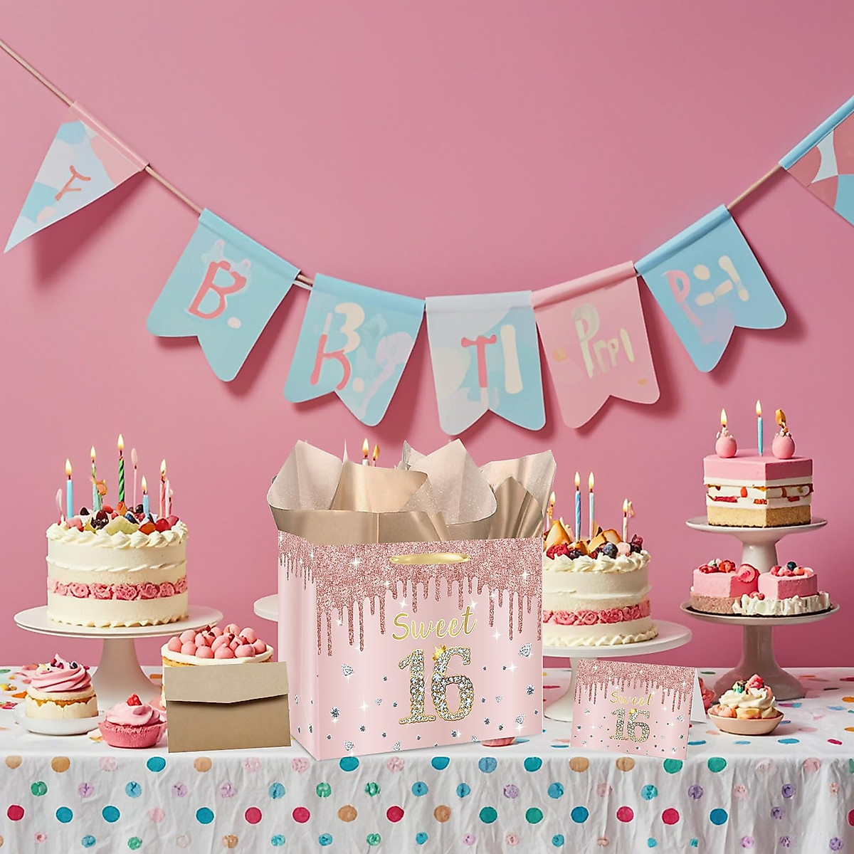 GOLDCROW Sweet 16 Gift Bag with Tissue Paper and Birthday Card Rose Gold 16th Birthday Gift Wrap Bag for Girls 16th Bday Bag with Wrapping Paper Sweet 16 Party Supplies Decorations