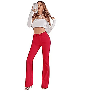 SweatyRocks Women's Casual Denim Pants Heart Print High Waist Stretchy Bell Bottom Flared Jeans Solid Red L