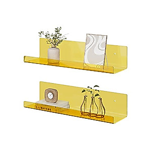 RRG 15 Inch Acrylic Floating Shelves, 2 Pack Kids Floating Bookshelf Wall Mounted Display Shelf for Books, Kids Room, Nursery, Bedroom, Bathroom, Living Room (Yellow)