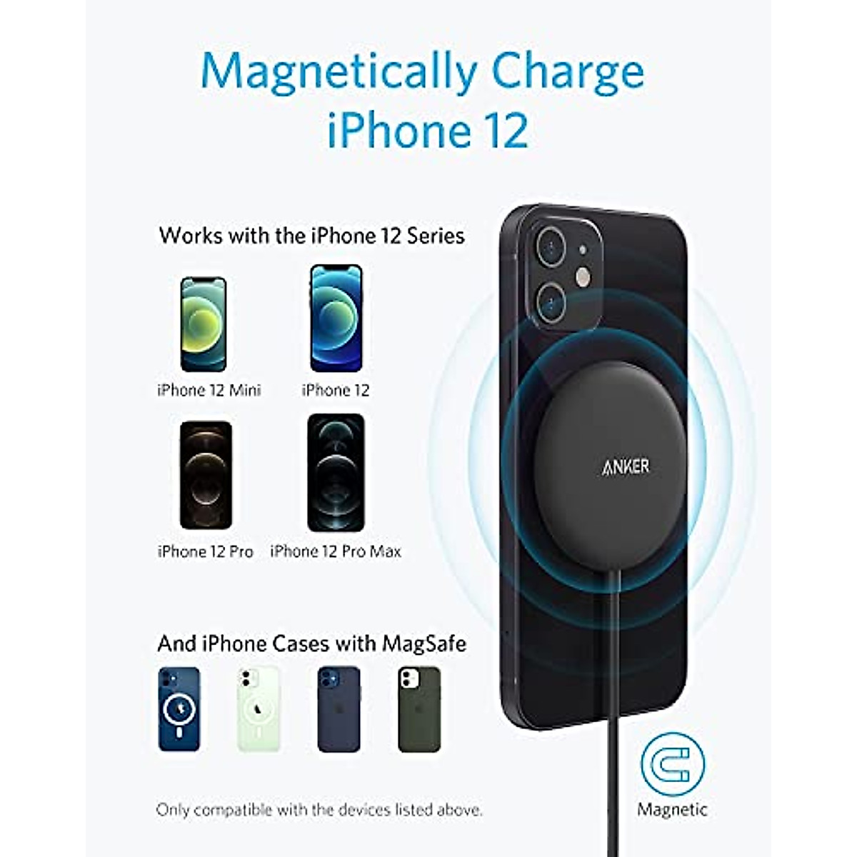 Anker Magnetic Wireless Charger, 5ft USB-C Cable with Detachable USB-A Connector, PowerWave Magnetic Pad Slim Only for iPhone 14/14 Pro/14 Pro Max/13/13 Pro Max (No AC Adapter)