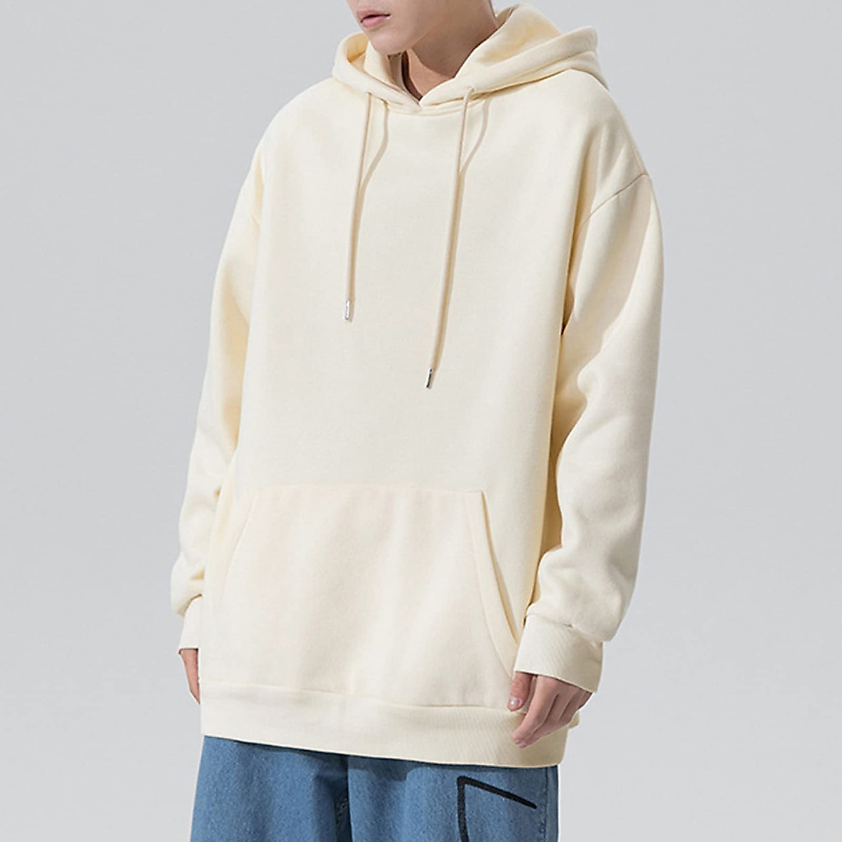 Maiyifu-GJ Men's Solid Loose Fit Pullover Hoodies Casual Athletic Hooded Sweatshirts Long Sleeve Hoodie with Kanga Pocket (Apricot,Large)