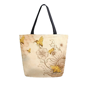 ALAZA Sunflower Bee Retro Large Canvas Tote Bag Shopping Shoulder Handbag with Small Zippered Pocket