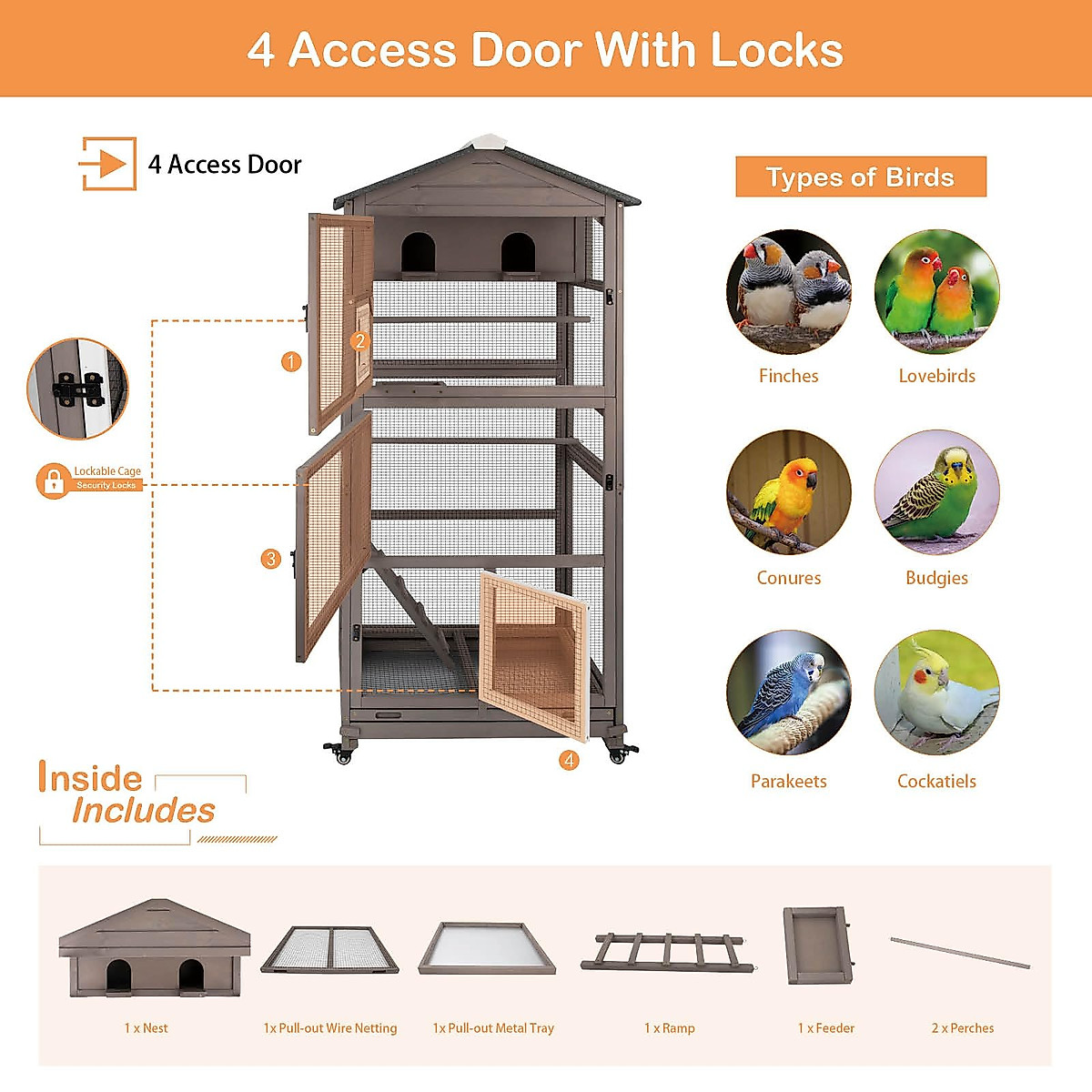 Gowoodhut 68.8"L Outdoor Bird Aviary Indoor Wooden Large Bird Cage Parakeet Cage on Wheels,Removable Wire Netting Slide Pull Out Tray, 2 Perches, Nest House,Ideal for Small Birds,Finches,Parrots,Grey