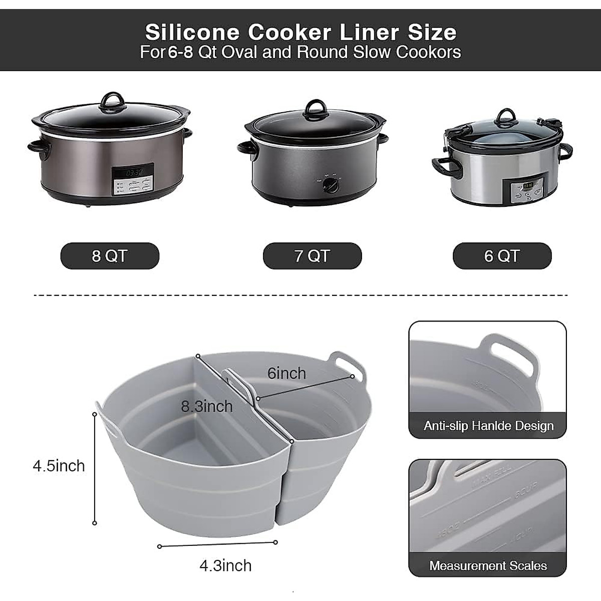 ChefAid Slow Cooker Divider Liners with Handle, 100% Silicone Reusable Slow Cooker Liners Compatible with 6-8 Quart Oval or Round Slow Cooker, Fits 7 Quart Crockpot Liners (Grey, 2 Pack)