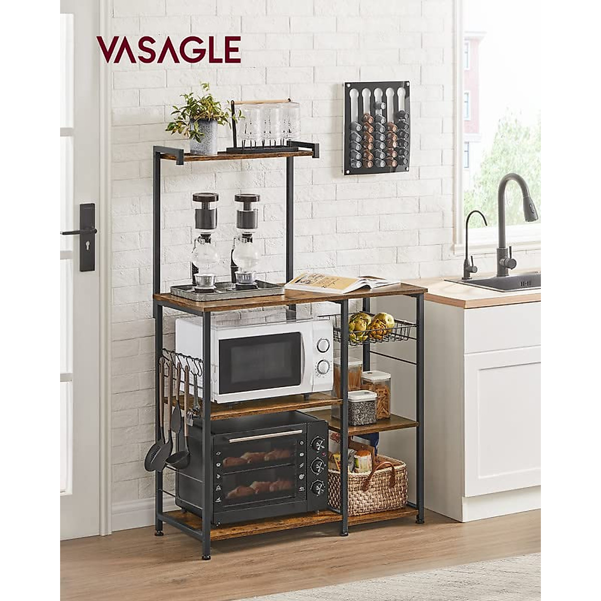 VASAGLE Baker's Rack, Microwave Stand, Kitchen Storage Rack with Wire Basket, 6 Hooks, and Shelves, for Spices, Pots, and Pans, Rustic Brown and Black UKKS35X