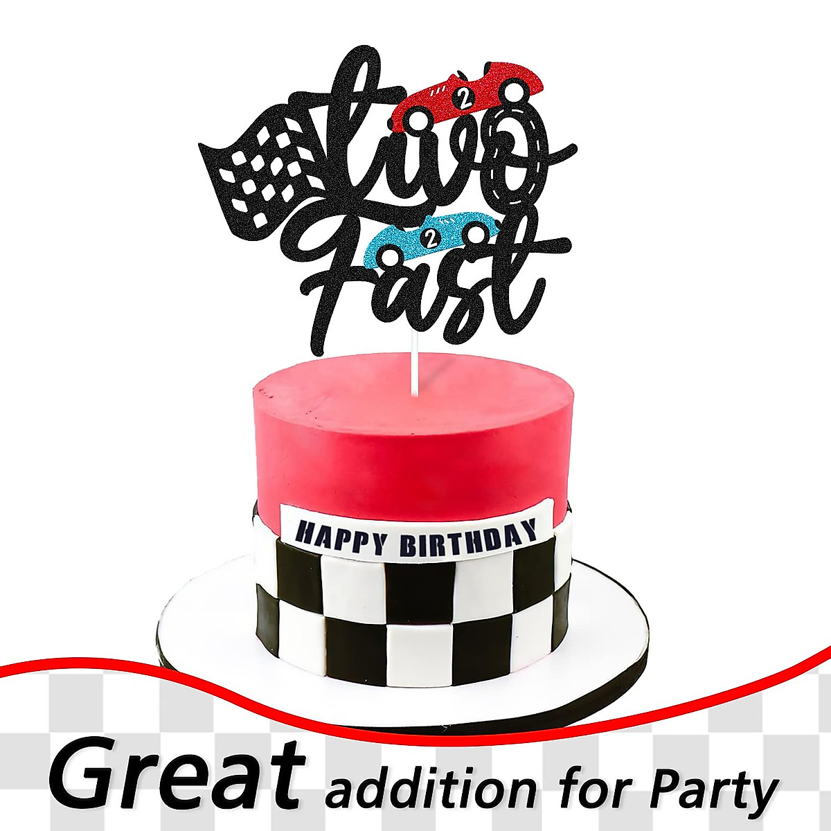 Two Fast Cake Topper Racing Car Chequered Flag Themed Happy Birthday Party Supply for Boys Girls Kids 2nd Second Two Bday Cake Decoration