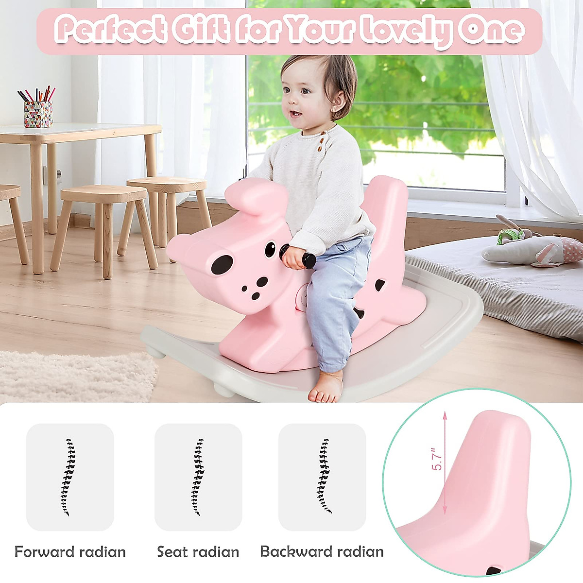 BABY JOY Kids Rocking Horse,Ride-on Horse for Toddlers with Music & Lights, HDEP Ride Animal Dog Rocker for Indoor & Outdoor,Boys & Girls Rocking Toy for Age 6 Mons Up (Pink)