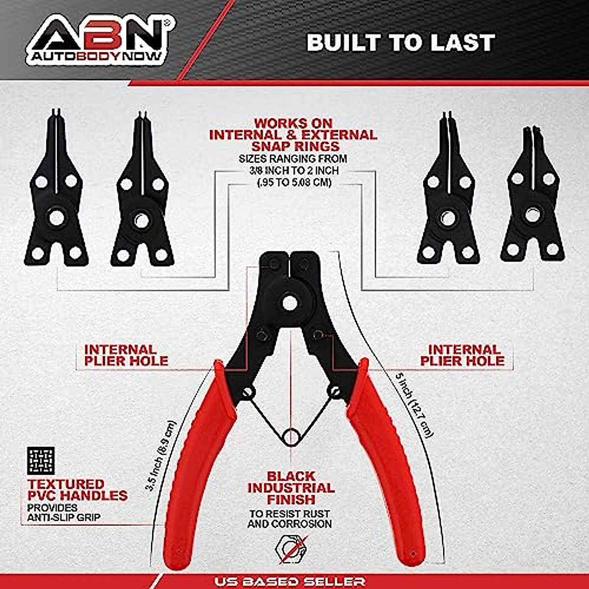 ABN Snap Ring Pliers Set – 5 Pc Interchangeable Jaw Head C Clip Pliers Set – Straight, 45, and 90 Degree Angled Jaws