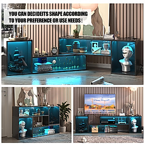 ANTISTA TV Stand, Deformable TV Stand with LED Light & Power Outlets, Modern Entertainment Center with Storage Shelves for 55/60/65/70 inch TV, 2 PCS Gaming Media Console for Bedroom, Black