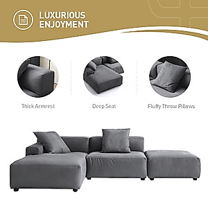 Acanva Luxury Modern Modular L-Shape Sectional Sofa Set, 3 Seat Upholstered Couch with Chaise Lounge for Living Room Bedroom Apartment, Dark Grey