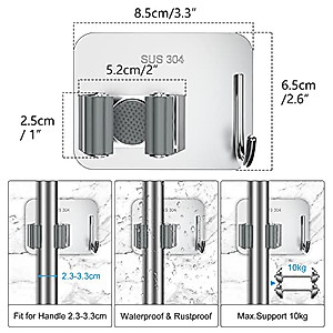 Drek Crek Mop Broom Holder Wall Mounted Heavy Duty No Drill, Adhesive Mop Broom Organizer, 304 Stainless Steel Mop Hanger Wall Mount Stick on w Hooks for Bathroom,Kitchen,Closet,Garage,Garden, 4PCS