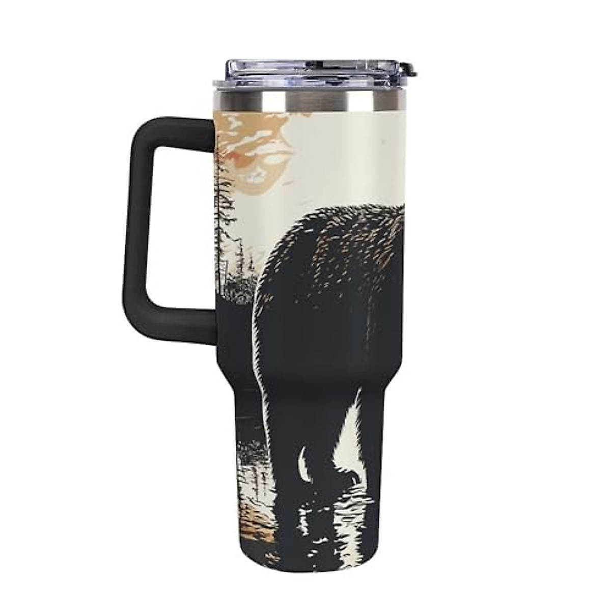 LLUTSNTH 40 Oz Vacuum Tumbler with Black Handle Leakproof Insulated Tumbler Bear Silhouette Stainless Steel Travel Mug with Lid And Straw Coffee Cup Cute Water Bottles Cup Holder Friendly