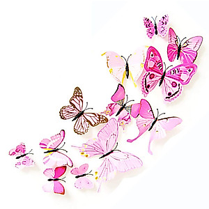 Somotersea 24PCS 3D Butterfly Wall Decal Removable Refrigerator Magnets Stickers Decor for Kids Room Decoration Home and Bedroom Art Mural Pink