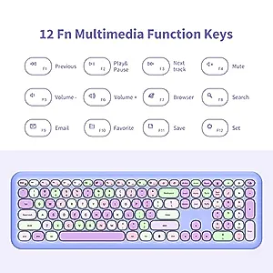 Wireless Keyboard and Mouse Combo, 2.4GHz Full-Sized Colorful Cute Keyboard Mouse Set with Retro Typewriter Flexible Round Keys for Windows, Computer, Laptops, PC Purple Colorful