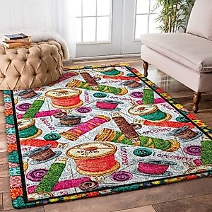 Colorful Sewing Thread Clothes Button Area Rug Indoor Outdoor Handcrafted Rug Decor Super Soft, Sewing Carpets for Floor Home, Nursery, Bed Living Room Sewing Area Rug Gift for Mom Who Loves Sewing