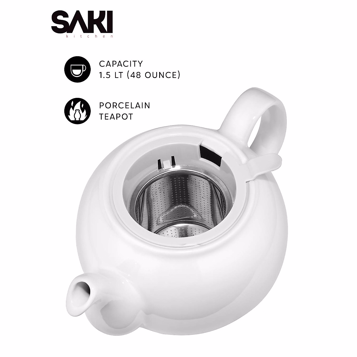 SAKI Large Porcelain Teapot, 48 Ounce Tea Pot with Infuser, Loose Leaf and Blooming Tea Pot - White