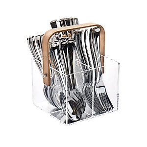 Mind Reader Utensil Holder, Silverware Organizer, Cutlery, Caddy, Rayon from Bamboo and Acrylic, 5.5" L x 5.5" W x 7.5" H, Brown