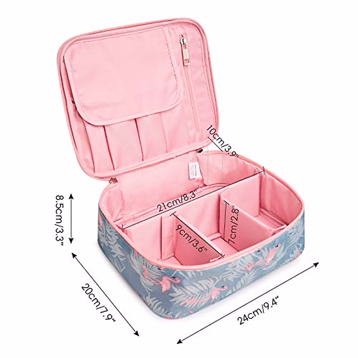 Narwey Travel Makeup Bag with Brush Compartments，Portable Cosmetic Bag，Make up Bag Makeup Organizer Case with Brush Storage for Women (Flamingo)