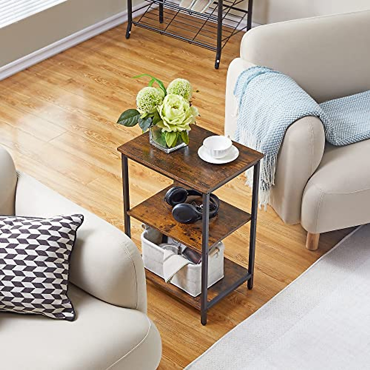 VECELO End Side Table with Storage Shelf, Industrial Night Stand, 3-Tier Small Nightstand for Living Room, Bedroom, 1 Pack, Brown