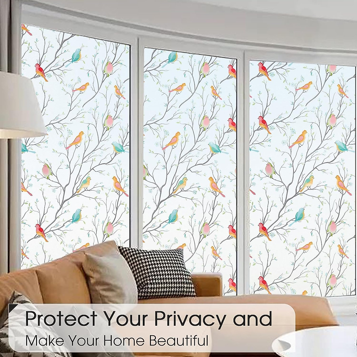 Coavas Window Privacy Film Decorative Bird Stained Glass Window Film Bathroom Frosted Glass Window Cling Privacy Film Heat Blocking Static Cling Day and Night Home Door Window Coverings 17.5" x 78.7"