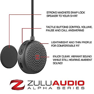 Zulu Audio Magnetic Wearable Bluetooth Speakers (Black) for Running, Bicycling, Hiking, with Microphone
